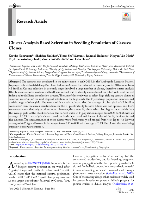Pdf Cluster Analysis Based Selection In Seedling Population Of Cassava Clones