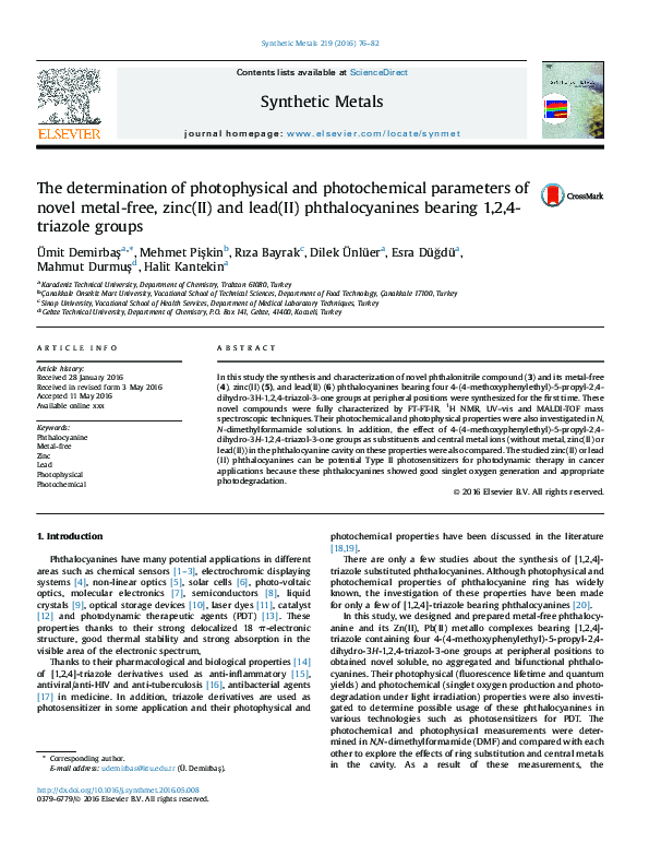 (PDF) The determination of photophysical and photochemical parameters of novel metal-free, zinc ...