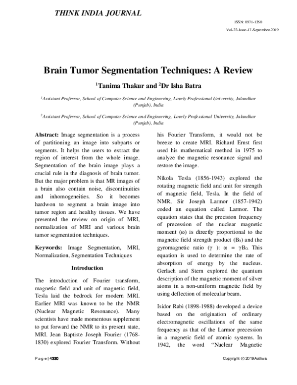 Pdf Brain Tumor Segmentation Techniques A Review