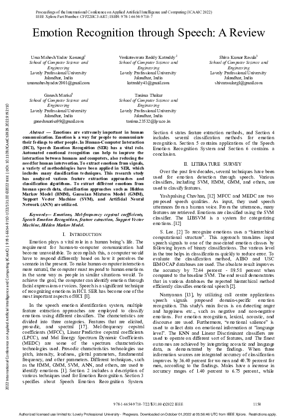 (PDF) Emotion Recognition through Speech: A Review