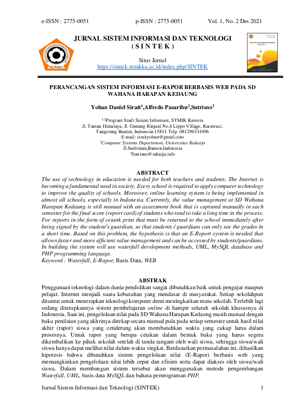 (PDF) Perancangan Sistem Informasi E-Rapor Berbasis Web Pada SD Wahana Harapan Kedaung