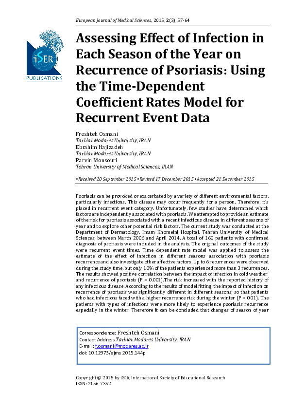 (PDF) Assessing Effect of Infection in Each Season of the Year on Recurrence of Psoriasis: Using ...