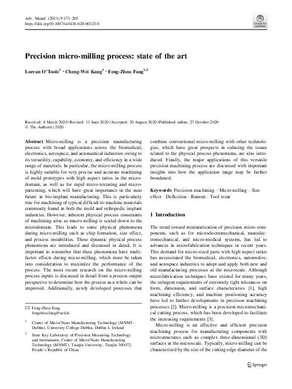 (PDF) Precision micro-milling process: state of the art