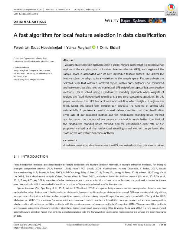 Pdf A Fast Algorithm For Local Feature Selection In Data