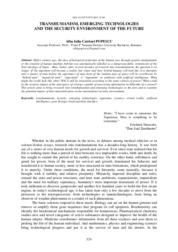 (PDF) TRANSHUMANISM, EMERGING TECHNOLOGIES AND THE SECURITY ENVIRONMENT OF THE FUTURE