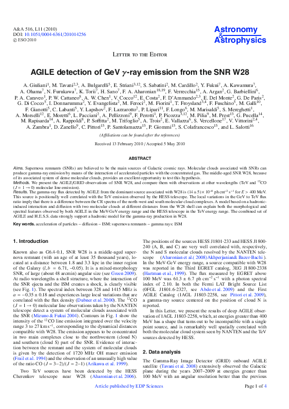 (PDF) AGILE detection of GeV $\sf$γ-ray emission from the SNR W28 ...