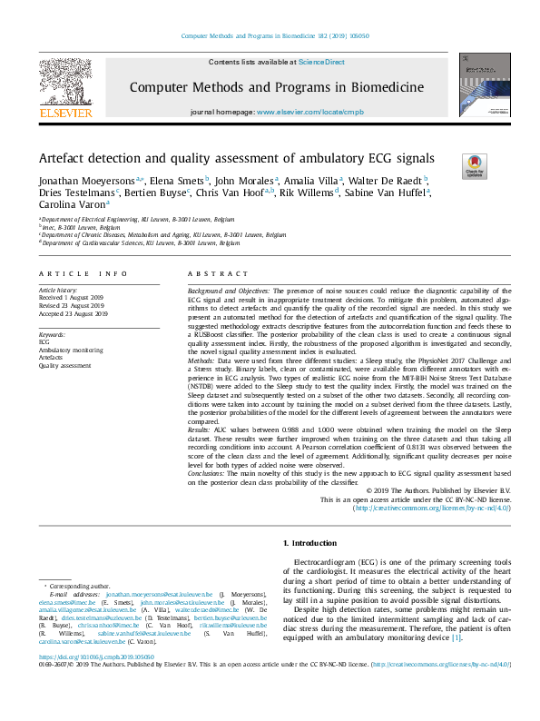 Pdf Artefact Detection And Quality Assessment Of Ambulatory Ecg