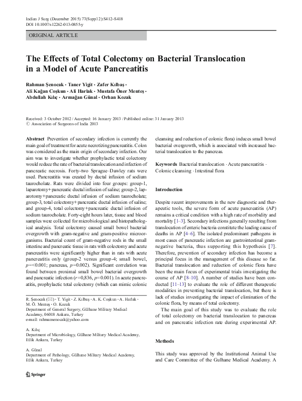 (PDF) The Effects of Total Colectomy on Bacterial Translocation in a ...