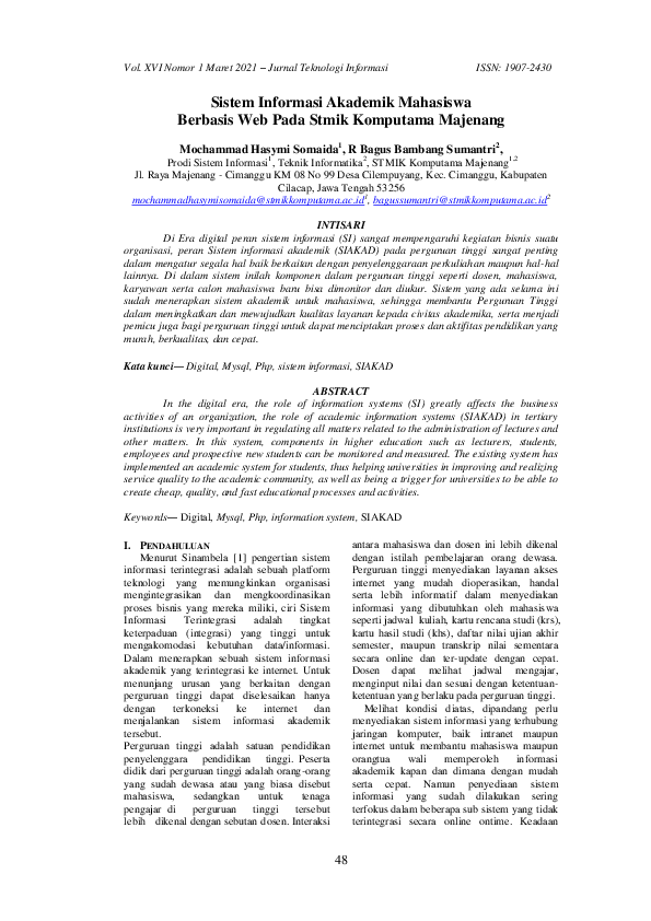 (PDF) Sistem Informasi Akademik Mahasiswa Berbasis Web Pada Stmik Komputama Majenang