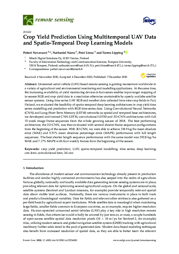 Pdf Crop Yield Prediction Using Multitemporal Uav Data And Spatio