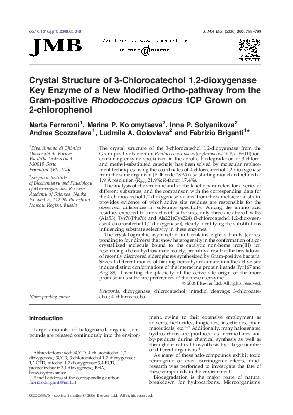 (PDF) Crystal Structure of 3-Chlorocatechol 1,2-dioxygenase Key Enzyme ...