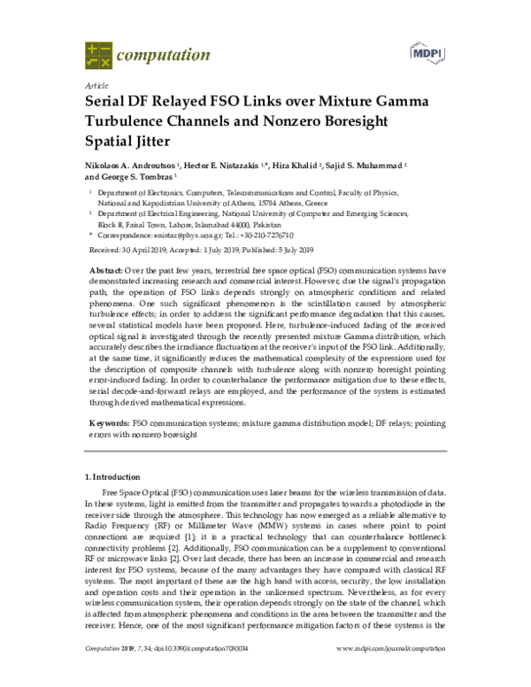 (PDF) Serial DF Relayed FSO Links over Mixture Gamma Turbulence Channels and Nonzero Boresight ...