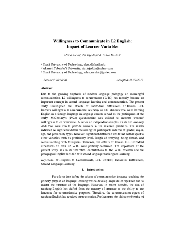 (PDF) Willingness to Communicate in L2 English: Impact of Learner Variables