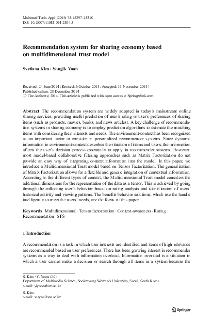 Pdf Recommendation System For Sharing Economy Based On Multidimensional Trust Model Svetlana 