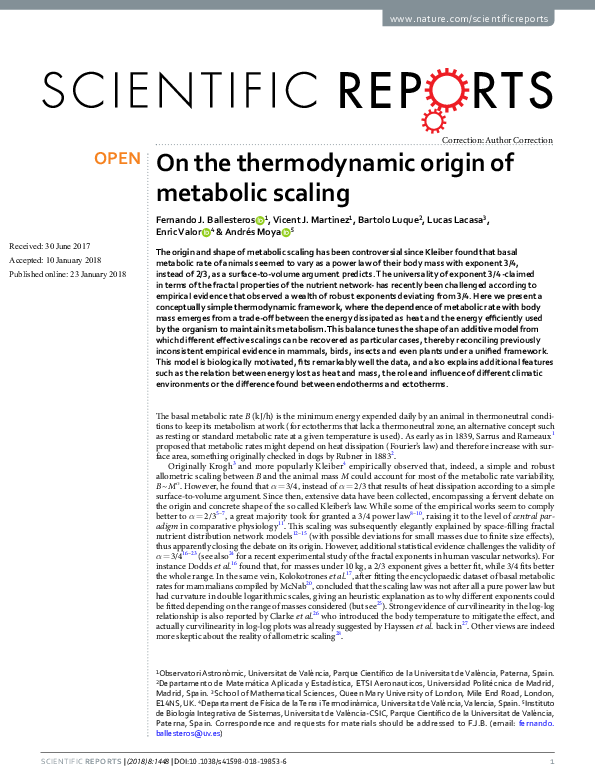 (PDF) On the thermodynamic origin of metabolic scaling