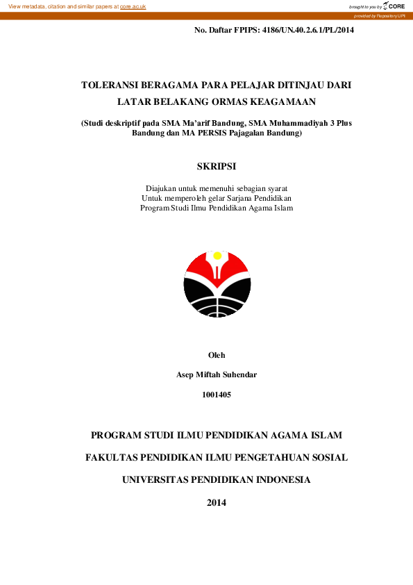 (PDF) TOLERANSI BERAGAMA PARA PELAJAR DITINJAU DARI LATAR BELAKANG ORMAS KEAGAMAAN(Studi ...