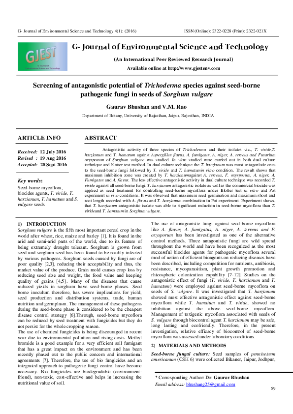 Pdf Screening Of Antagonistic Potential Of Trichoderma Species
