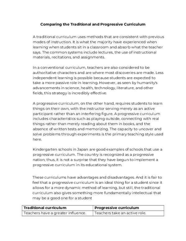 (PDF) Comparing the Traditional and Progressive Curriculum