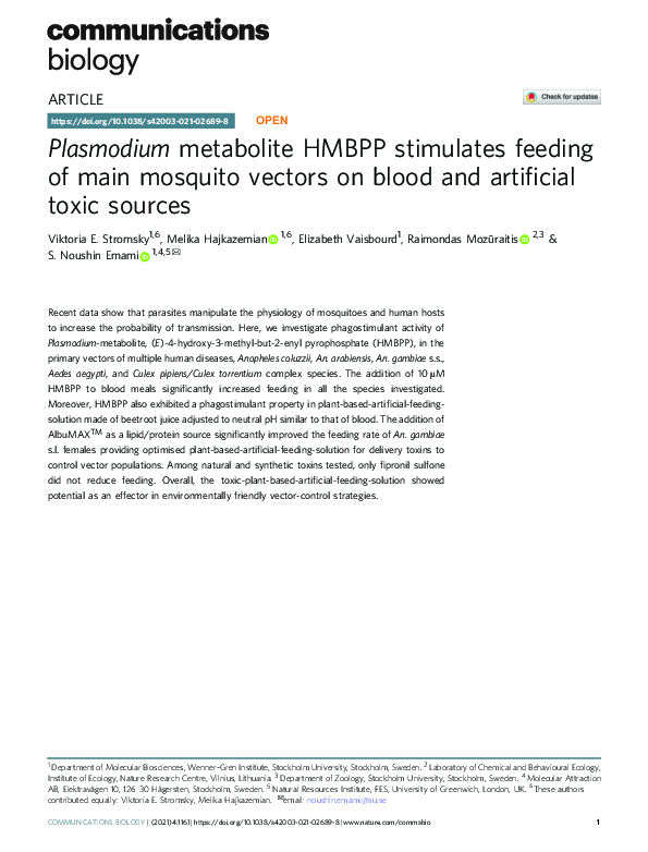 (PDF) Plasmodium metabolite HMBPP stimulates feeding of main mosquito ...
