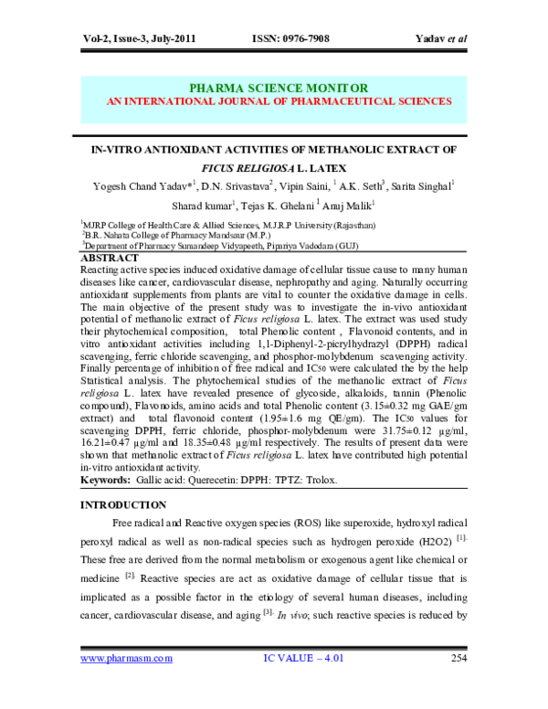 (PDF) In-Vitro Antioxidant Activities of Methanolic Extract of Ficus Religiosa L. Latex