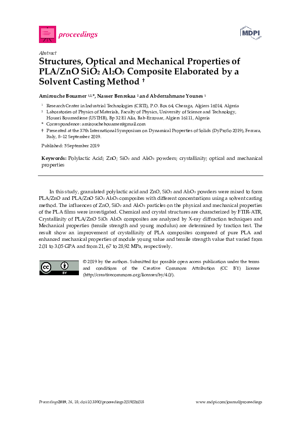 (PDF) Structures, Optical and Mechanical Properties of PLA/ZnO SiO2 Al2O3 Composite Elaborated ...