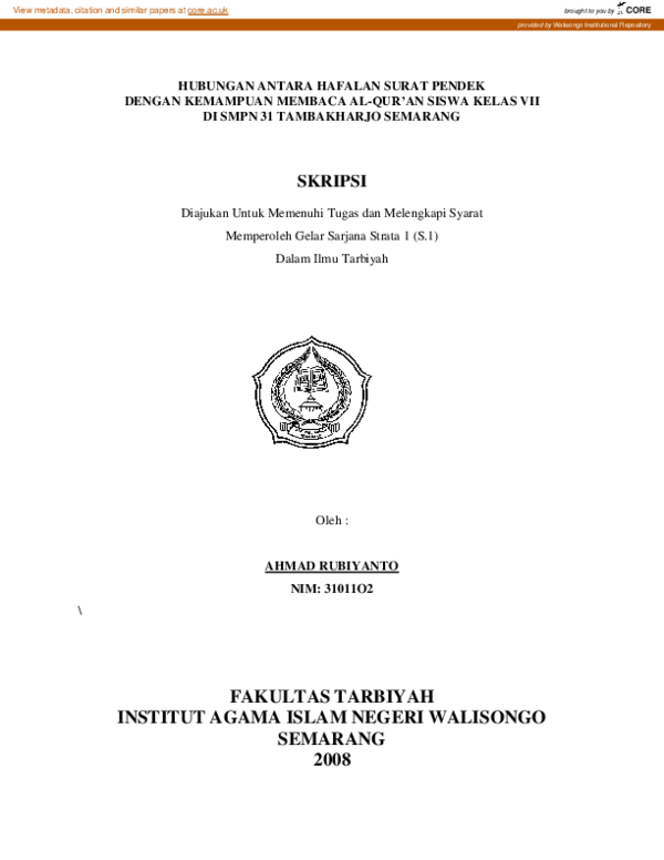 (PDF) Hubungan antara hafalan surat pendek dengan kemampuan membaca Al-Qur’an siswa kelas VII di ...