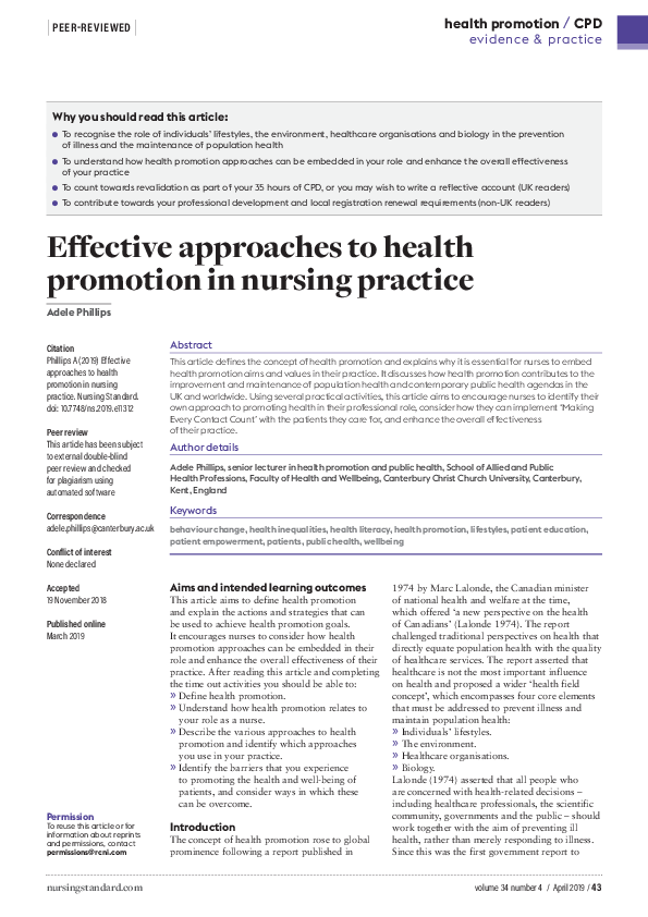 (PDF) Effective approaches to health promotion in nursing practice