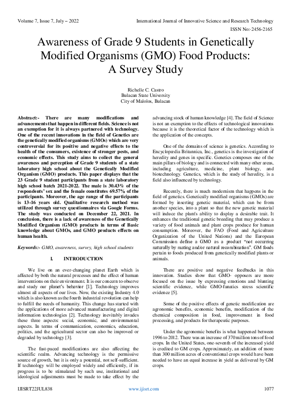 (PDF) Awareness of Grade 9 Students in Genetically Modified Organisms (GMO) Food Products: A ...