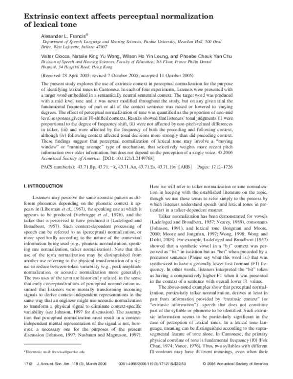 (PDF) Extrinsic context affects perceptual normalization of lexical tone