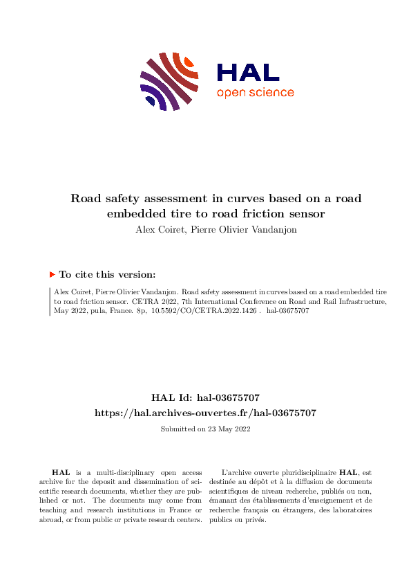 Pdf Road Safety Assessment In Curves Based On A Road Embedded Tire To Road Friction Sensor