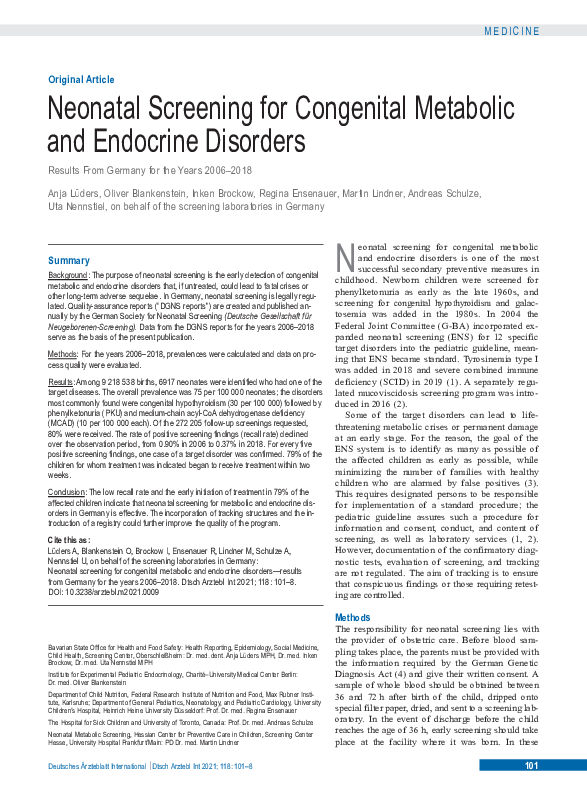 (PDF) Neonatal Screening for Congenital Metabolic and Endocrine Disorders
