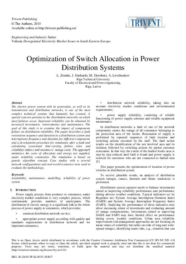(PDF) Optimization of Switch Allocation in Power Distribution Systems
