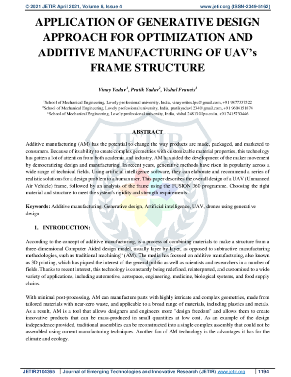 (PDF) APPLICATION OF GENERATIVE DESIGN APPROACH FOR OPTIMIZATION AND ADDITIVE MANUFACTURING OF ...