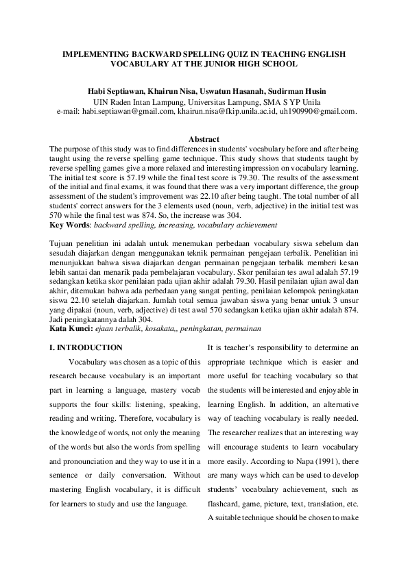 (PDF) Implementing Backward Spelling Quiz in Teaching English ...