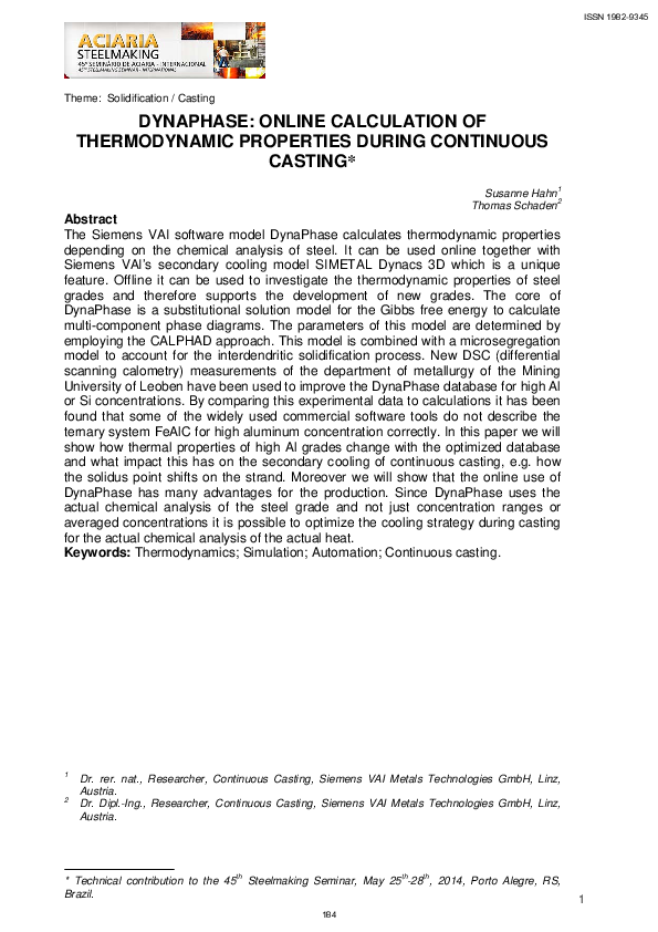 (PDF) Dynaphase: Online Calculation of Thermodynamic Properties during Continuous Casting