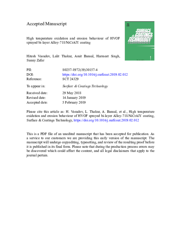 Pdf High Temperature Oxidation And Erosion Behaviour Of Hvof Sprayed