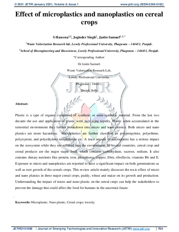 (PDF) Effect of microplastics and nanoplastics on cereal crops