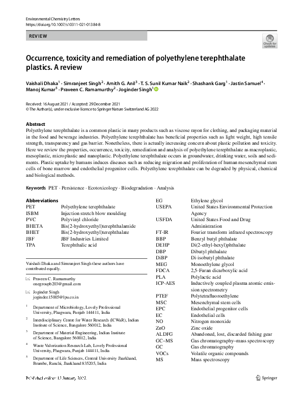 (PDF) Occurrence, toxicity and remediation of polyethylene terephthalate plastics. A review