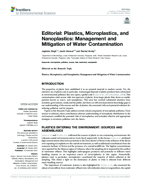 (PDF) Editorial: Plastics, Microplastics, and Nanoplastics: Management and Mitigation of Water ...