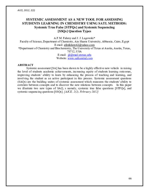 (PDF) Systemic Assessment as a New Tool for Assessing Students Learning in Chemistry using SATL ...