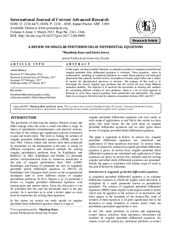 Pdf A Review On Singular Perturbed Delay Differential Equations