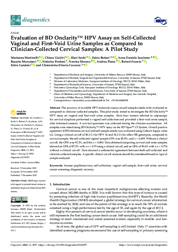 (PDF) Evaluation of BD Onclarity™ HPV Assay on Self-Collected Vaginal and First-Void Urine ...