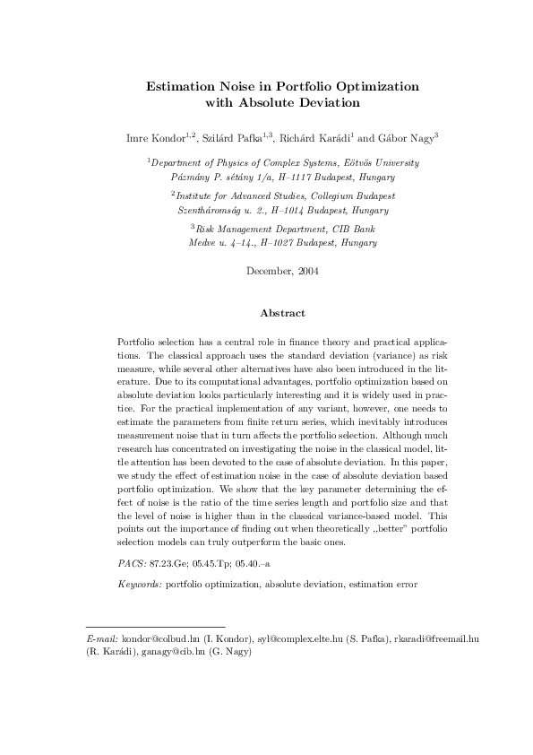 Pdf Estimation Noise In Portfolio Optimization With Absolute Deviation 7244