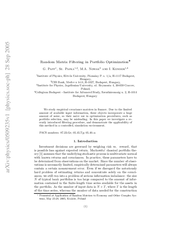 (PDF) Random matrix filtering in portfolio optimization