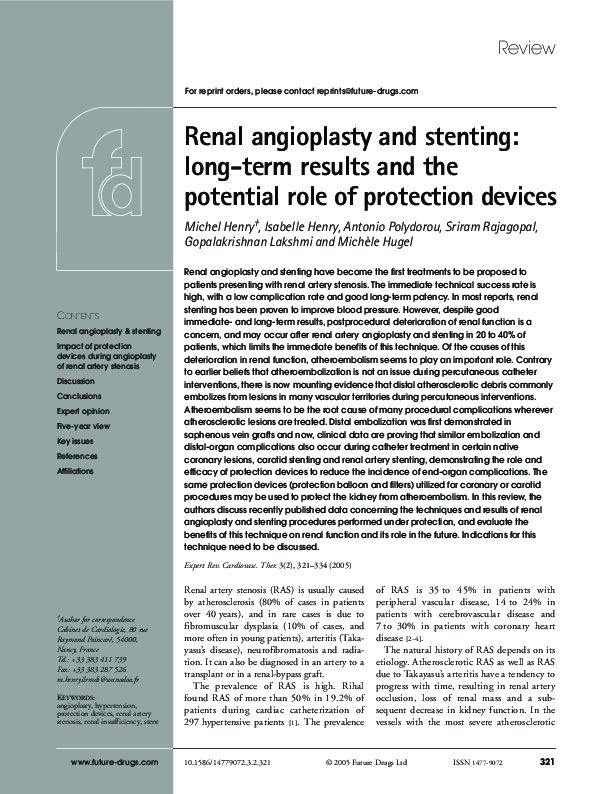 (PDF) Renal angioplasty and stenting: long-term results and the ...