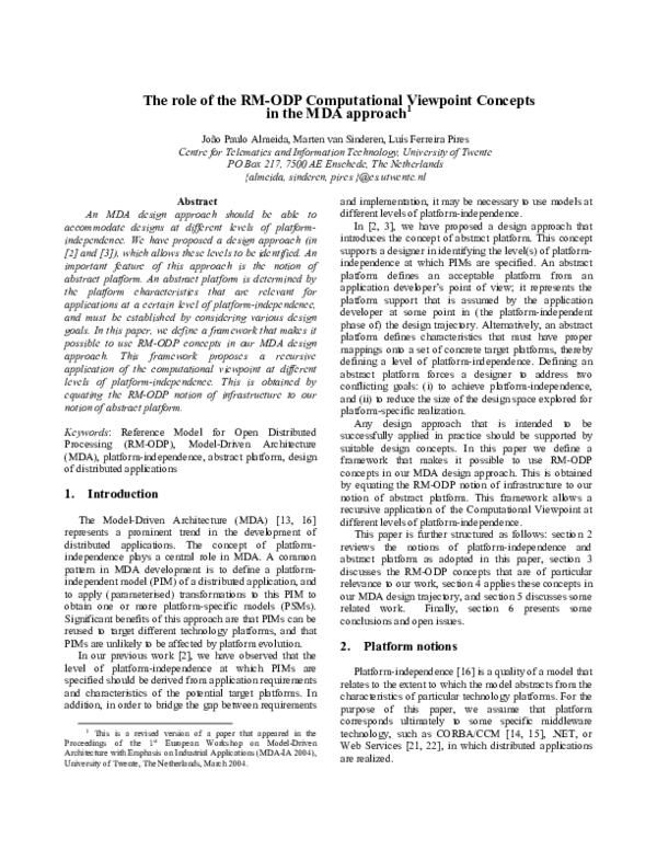 (PDF) The role of the RM-ODP Computational Viewpoint Concepts in the MDA approach | Joao Paulo ...