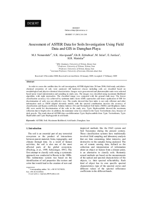 (PDF) Assessment of ASTER data for soils investigation using field data and GIS in Damghan Playa