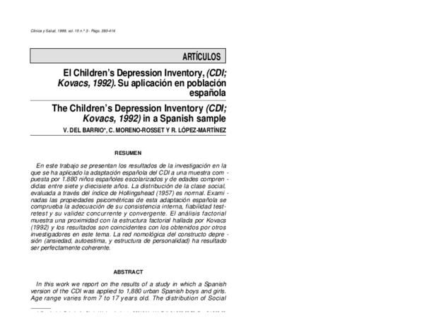 (PDF) El Children's Depression Inventory, (CDI, Kovacs, 1992). Su ...