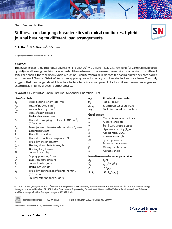 Pdf Stiffness And Damping Characteristics Of Conical Multirecess Hybrid Journal Bearing For