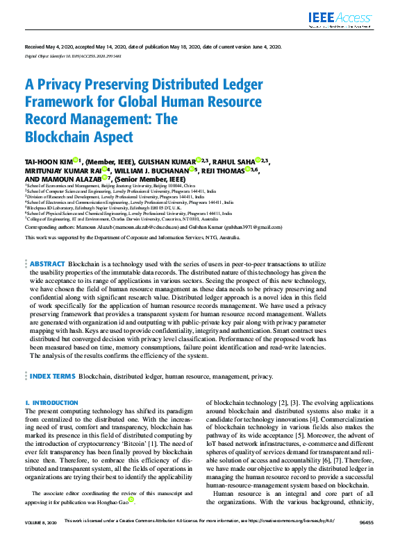 A Privacy Preserving Distributed Ledger Framework for Global Human Resource Record Management ...
